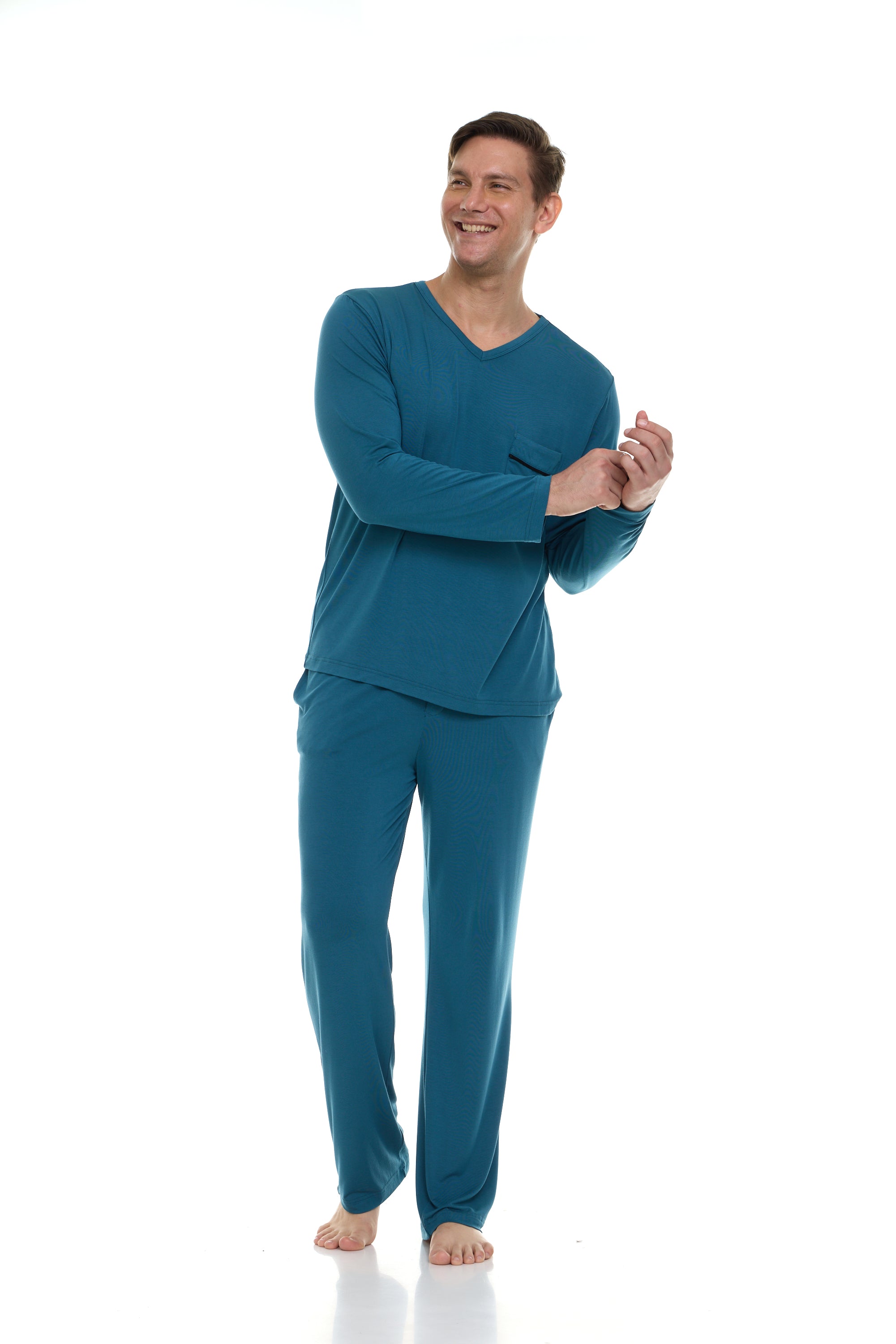 Men’s Dream Micro Modal Indian Teal Blue V-Neck Pajamas – Symmar