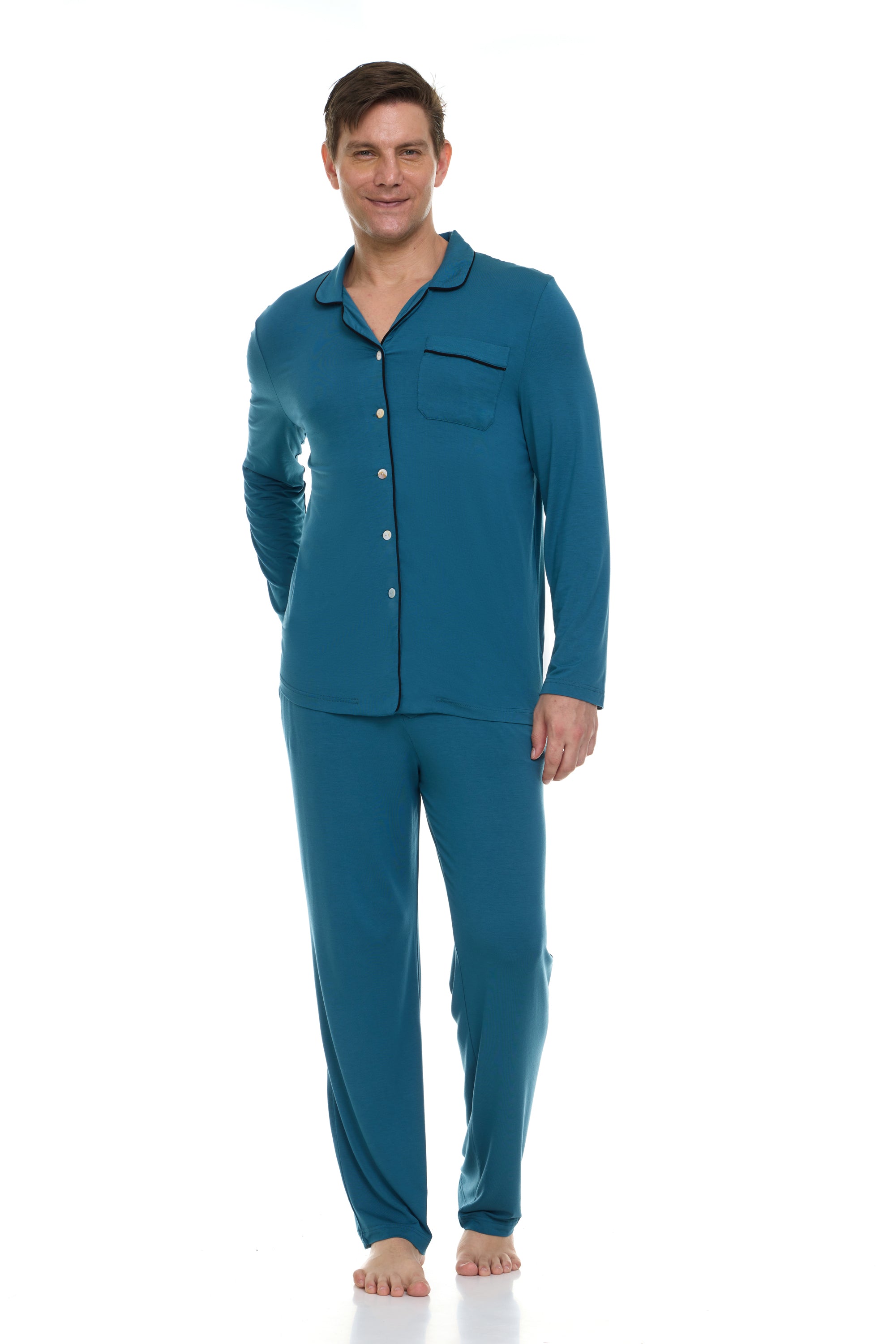 Men’s Dream Micro Modal Indian Teal Blue Button-Front Pajamas – Symmar